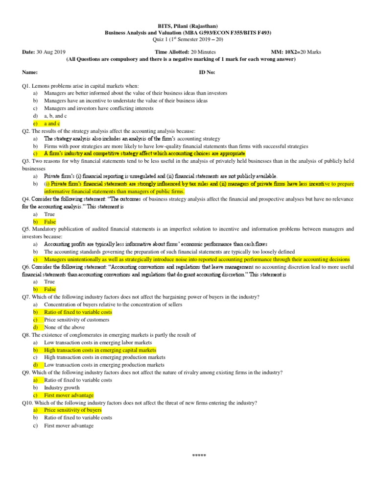 BAV Quiz 1 Solution | PDF | Market (Economics) | Accounting