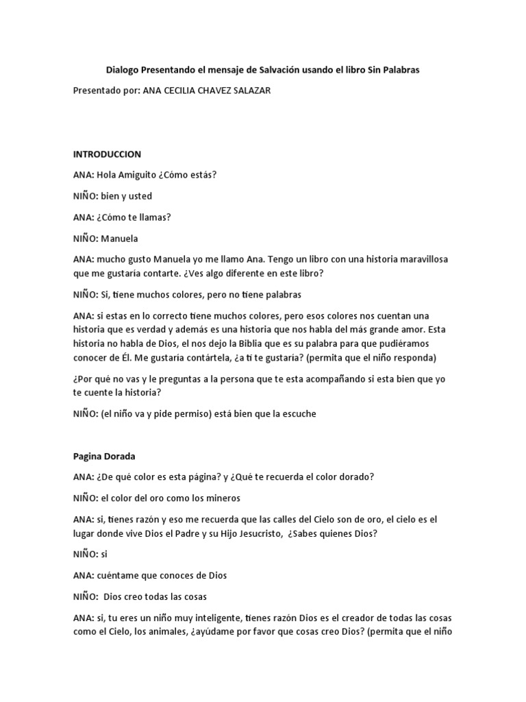 Dialogo Presentando El Mensaje de Salvación Usando El Libro Sin Palabras. Ana Chavez | PDF ...