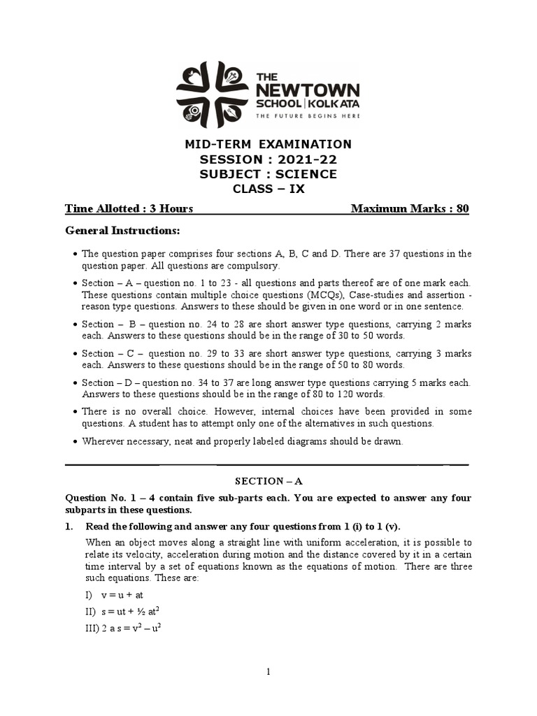 Mid-Term - Science - IX - 2022-23 (Sample) | PDF | Tissue (Biology ...