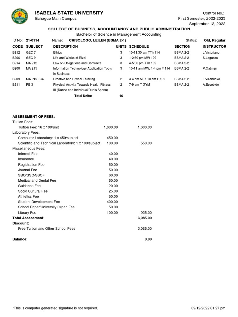 BSMA Student Schedule & Fees | PDF