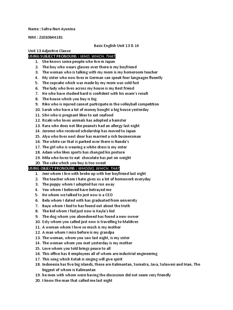 Adjective and Noun Clauses Overview | PDF | Linguistics