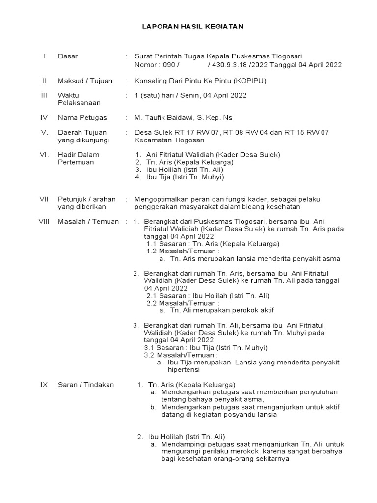 Contoh LHK Petugas Kopipu | PDF