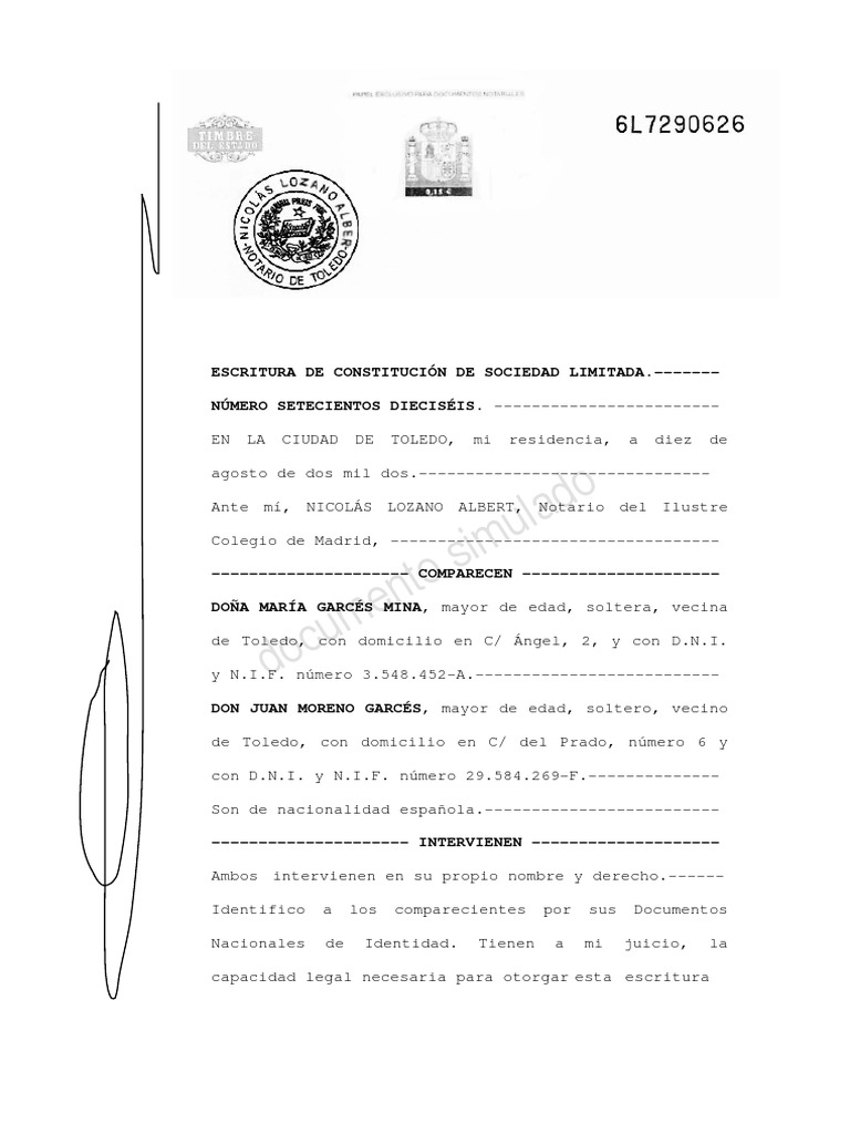 Escritura de Constitución de Sociedad Limitada | Descargar gratis PDF | Sociedad