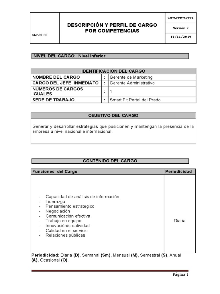Descripcion de Cargo. GERENTE MARKETING | PDF | Marketing | Business