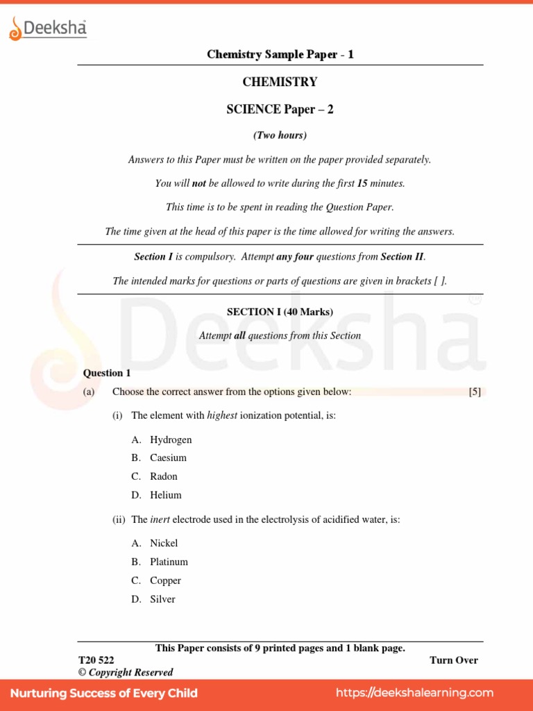 ICSE Class 10 Chemistry Sample Papers 1 2021 | PDF | Acid | Chlorine ICSE Class 10 Chemistry Sample Papers 1 2021 | PDF | Acid | Chlorine