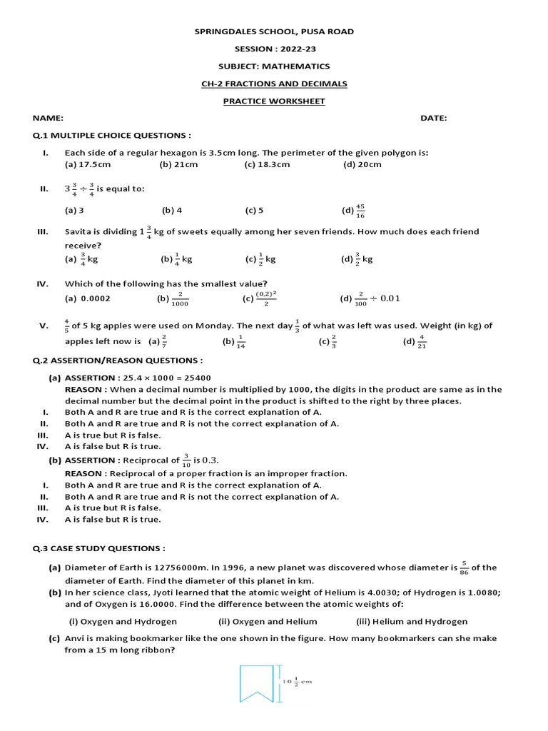 Practice Worksheet CH-2 Fractions and Decimals | PDF