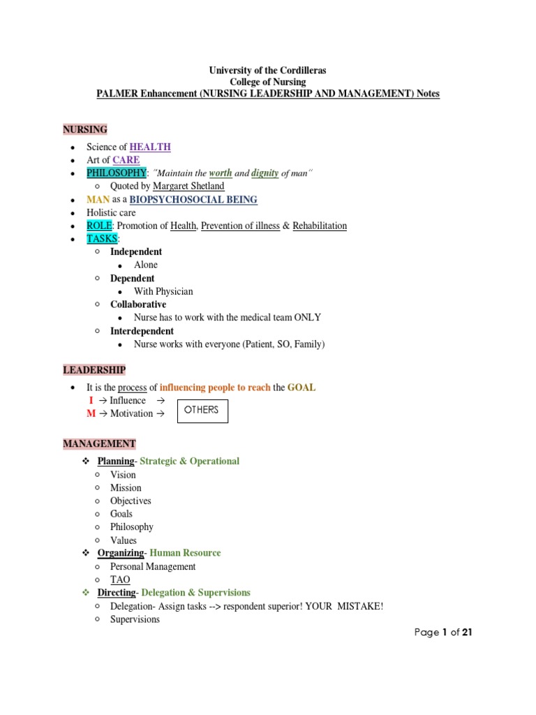 PALMER (NLM) Enhancement Notes Nov 2020 | PDF | Nursing | Leadership