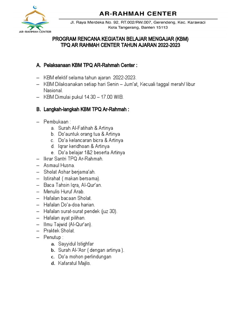 Rencana Kegiatan TPQ Ar - Rahmah Center | PDF