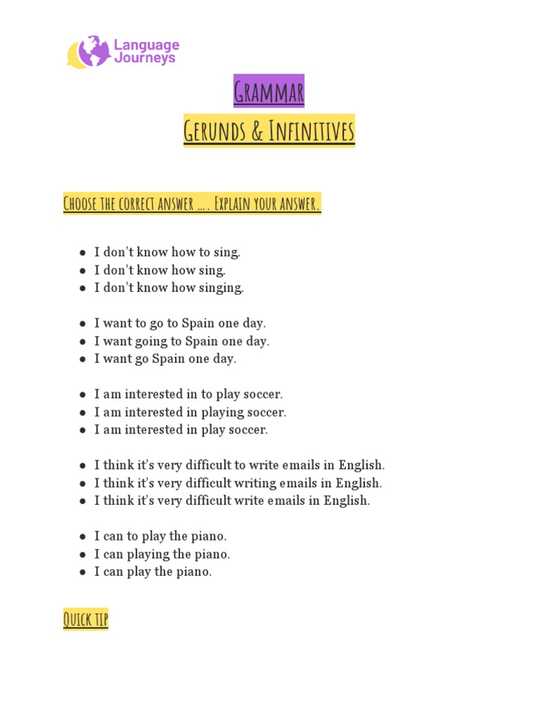 Grammar - Gerunds - Infinitives - Bare Infinitives | PDF | Verb ...
