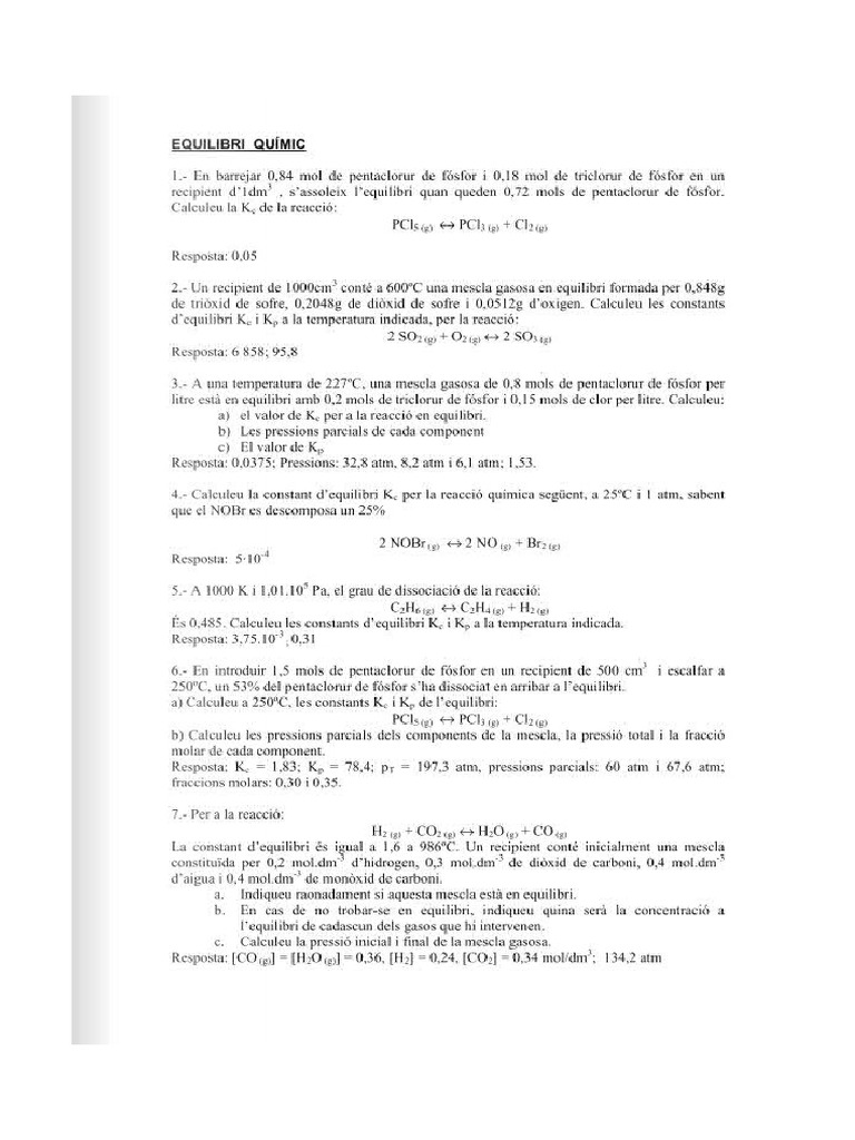 Exercicis Equilibri Químic | PDF