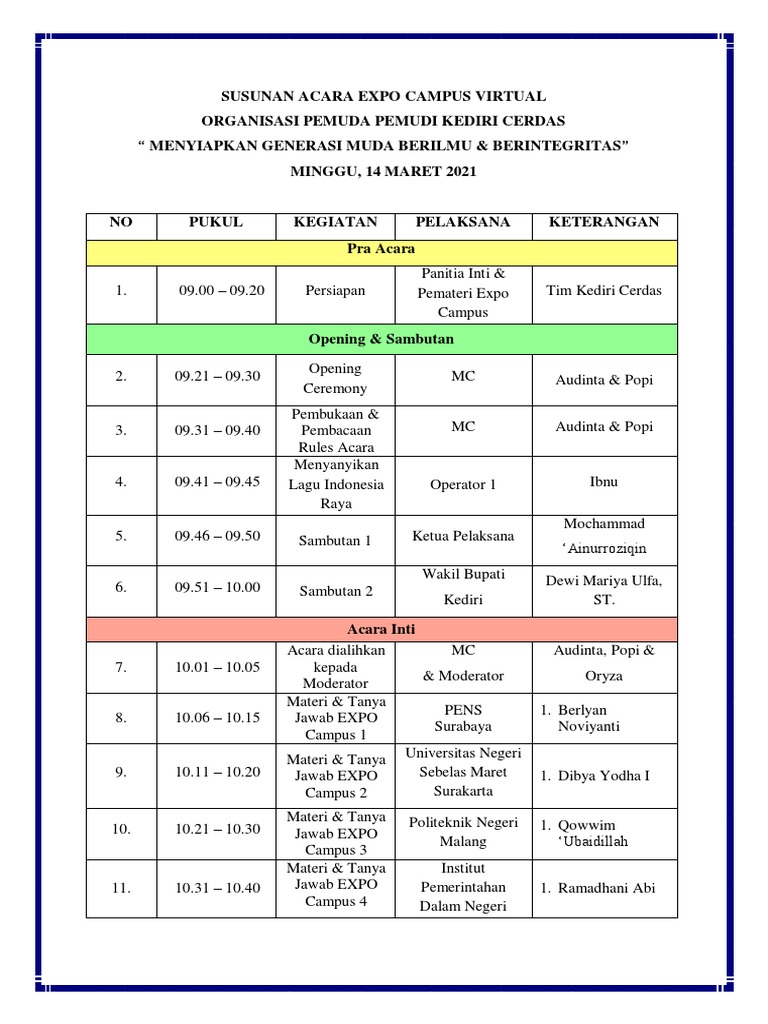 Rundown Expo Campus Virtual Kediri Cerdas 2021 | PDF