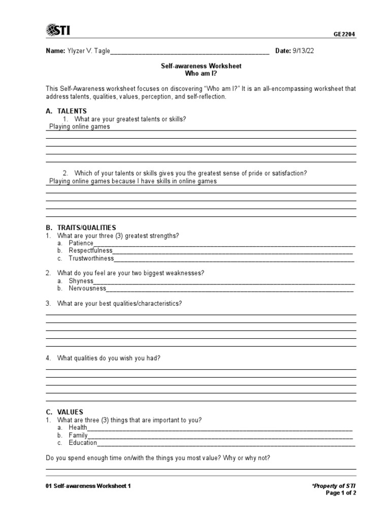 01 Self-Awareness Worksheet 1 | PDF | Self Awareness | Psychology