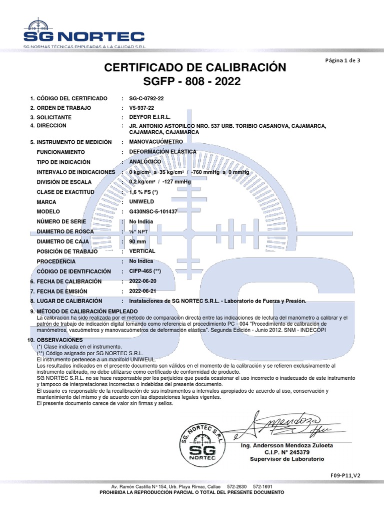 SGFP-808-2022 DEYFOR EIRL - MANOVACUOMETRO - 30 Inhg (CIFP-465) | PDF | Calibración | Incertidumbre