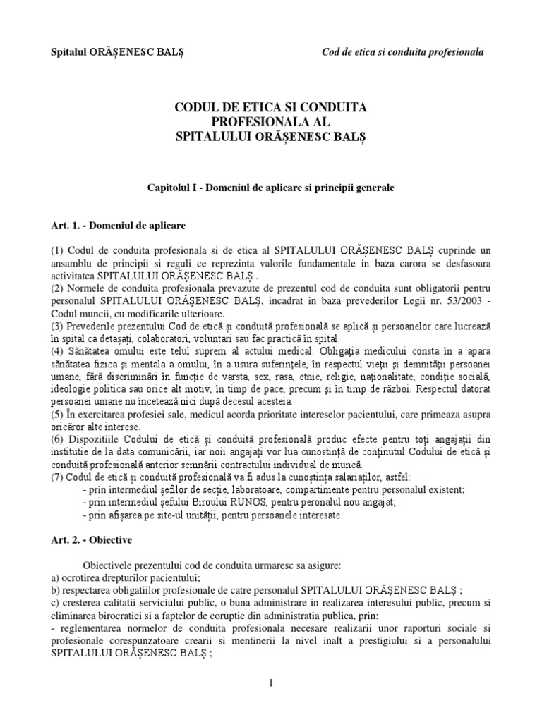 Codul de Etica Si Conduita Profesionala Al Spitalului Orasenesc Bals | PDF