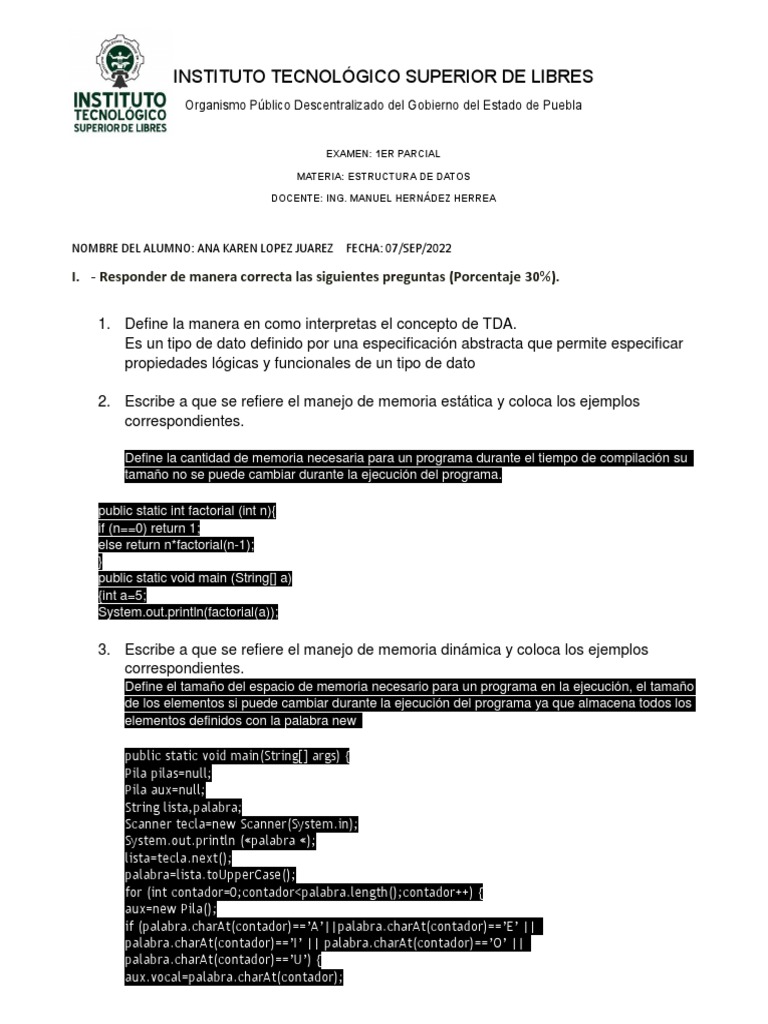 Examen Parcial de Estructura de Datos | PDF | Prueba (evaluación ...