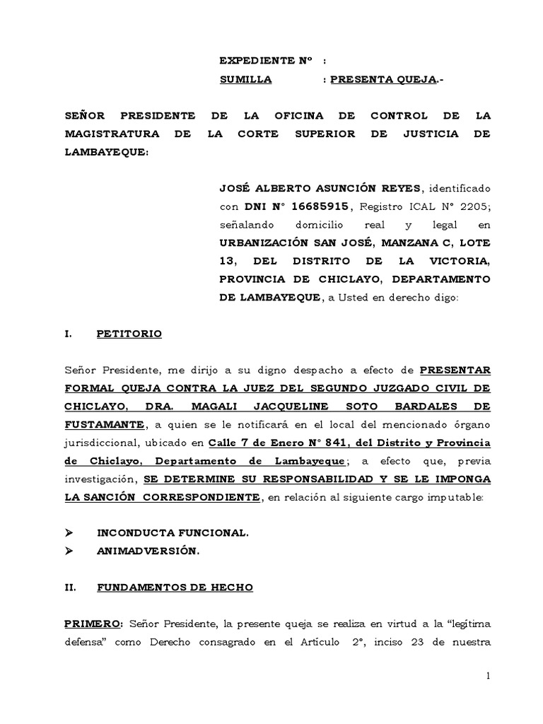 Modelo de Queja | PDF | Ley procesal | Caso de ley