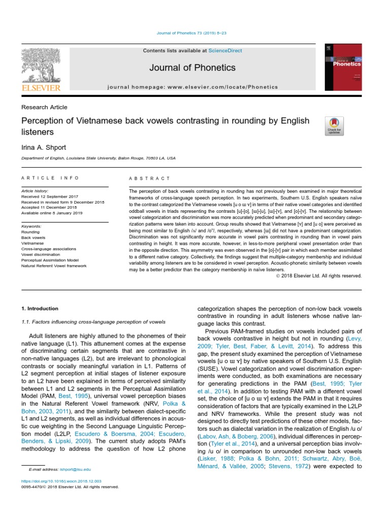 English Perception of Vietnamese Vowels | PDF | Vowel | Phonetics