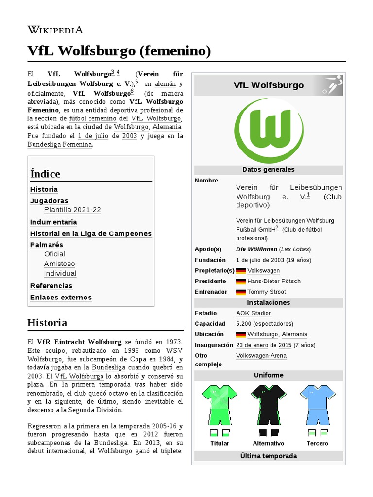 VFL Wolfsburgo (Femenino) | PDF | Equipos deportivos | Clubes deportivos