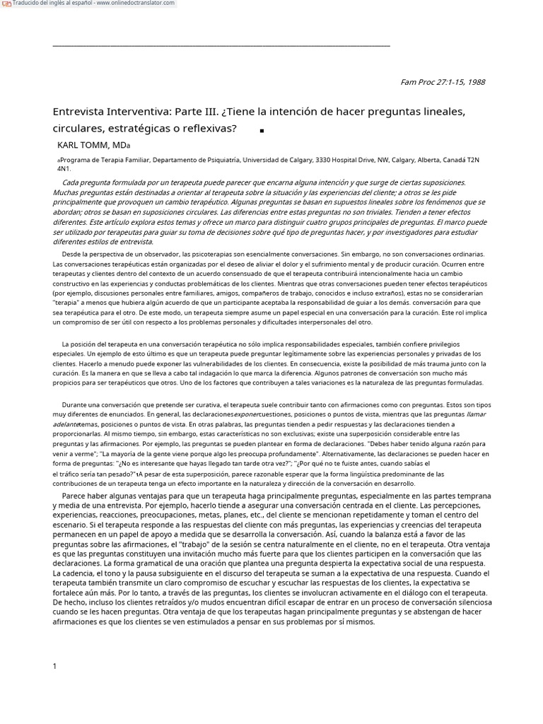 Tomm K 1988 Interventive Interviewing - Part III - Intending To Ask ...