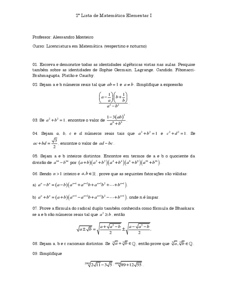 2 Lista de Elementar I | PDF | Matemática elementar | Álgebra abstrata