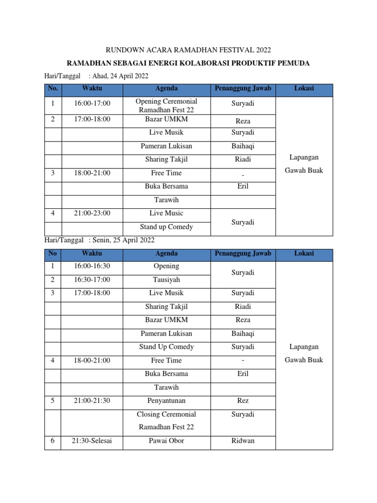 Rundown Acara Ramadhan Festival 2022 | PDF