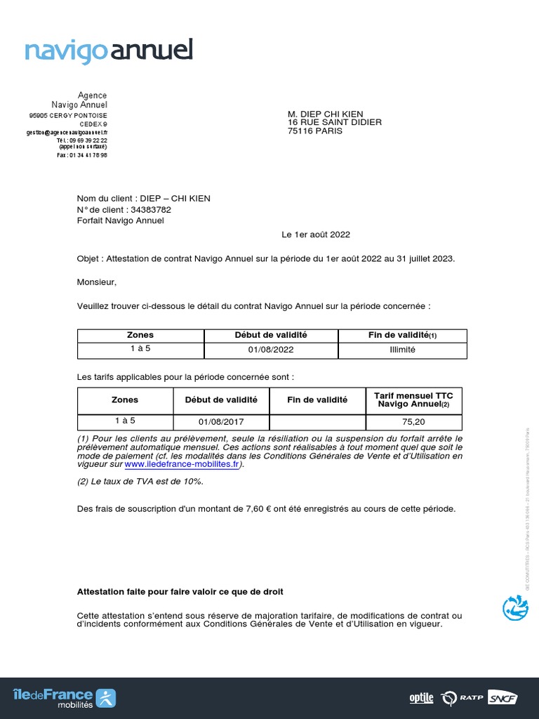 Attestation Navigo Annuel | PDF | Paiements | Impôts
