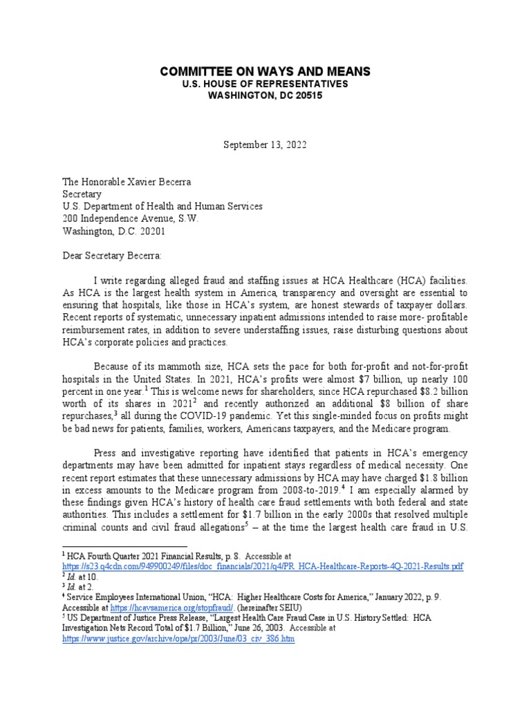 Pascrell Letter To HHS About HCA | Download Free PDF | Hospital ...