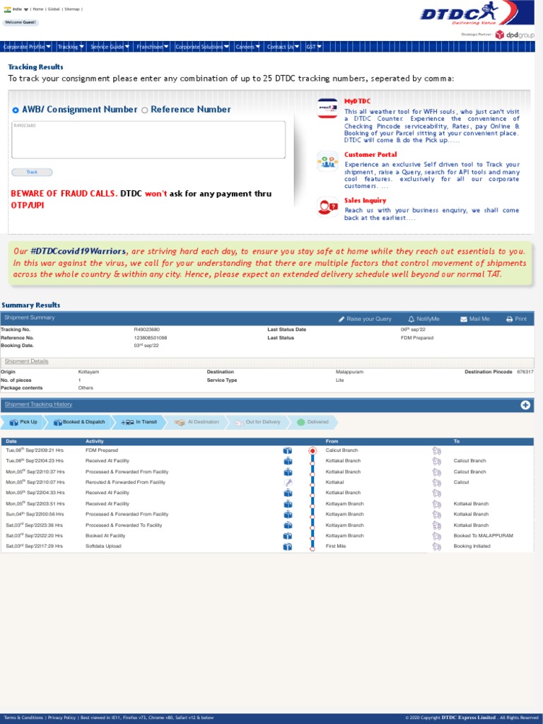 Track Shipment Status Consignment Status - DTDC | PDF