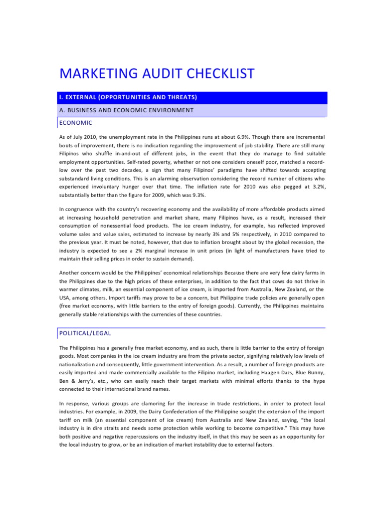 Marketing Audit Checklist | PDF | Ice Cream | Brand
