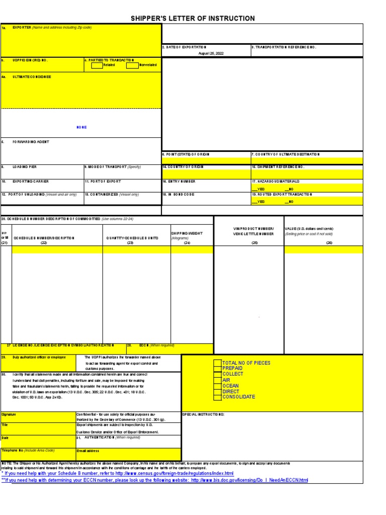 Shipper's Letter of Instruction Format | PDF | Freight Transport ...