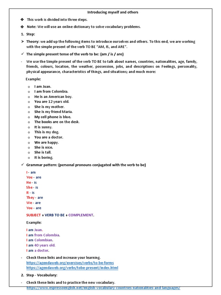 Activity Number 1 (Introducing Myself and Others) | PDF | Verb ...