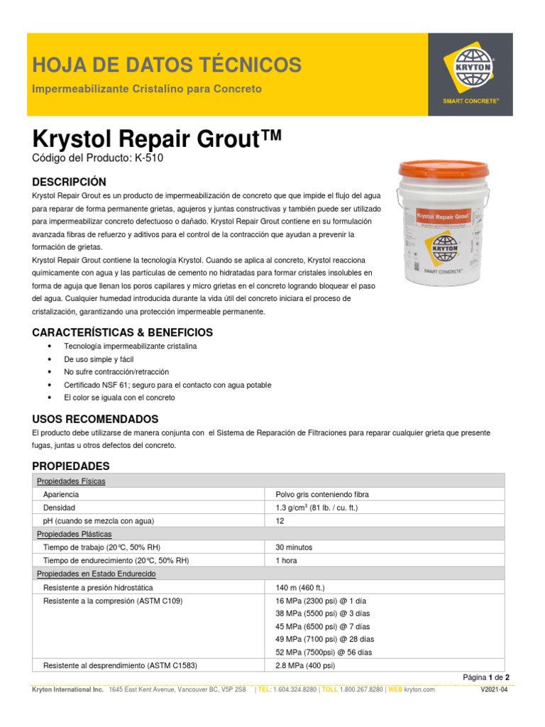 TDS Krystol Repair Grout ES | PDF | Hormigón | Química