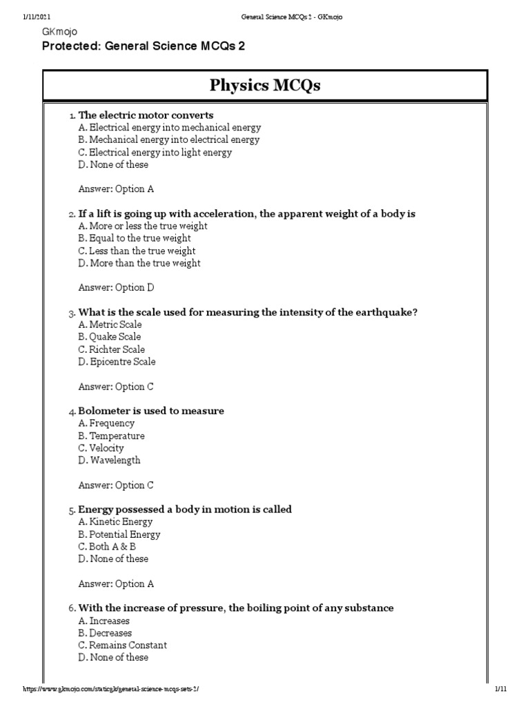 General Science MCQs 2 - GKmojo | PDF | Weight | Temperature