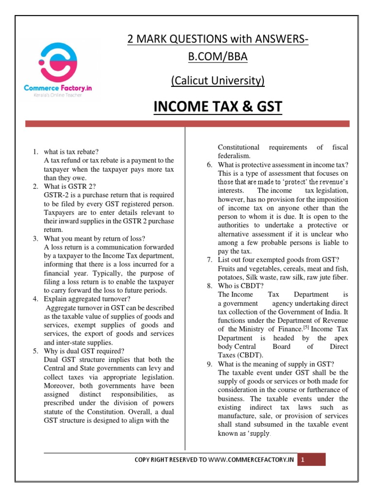 Income Tax & GST: 2 Mark Questions With Answers - (Calicut University) | PDF