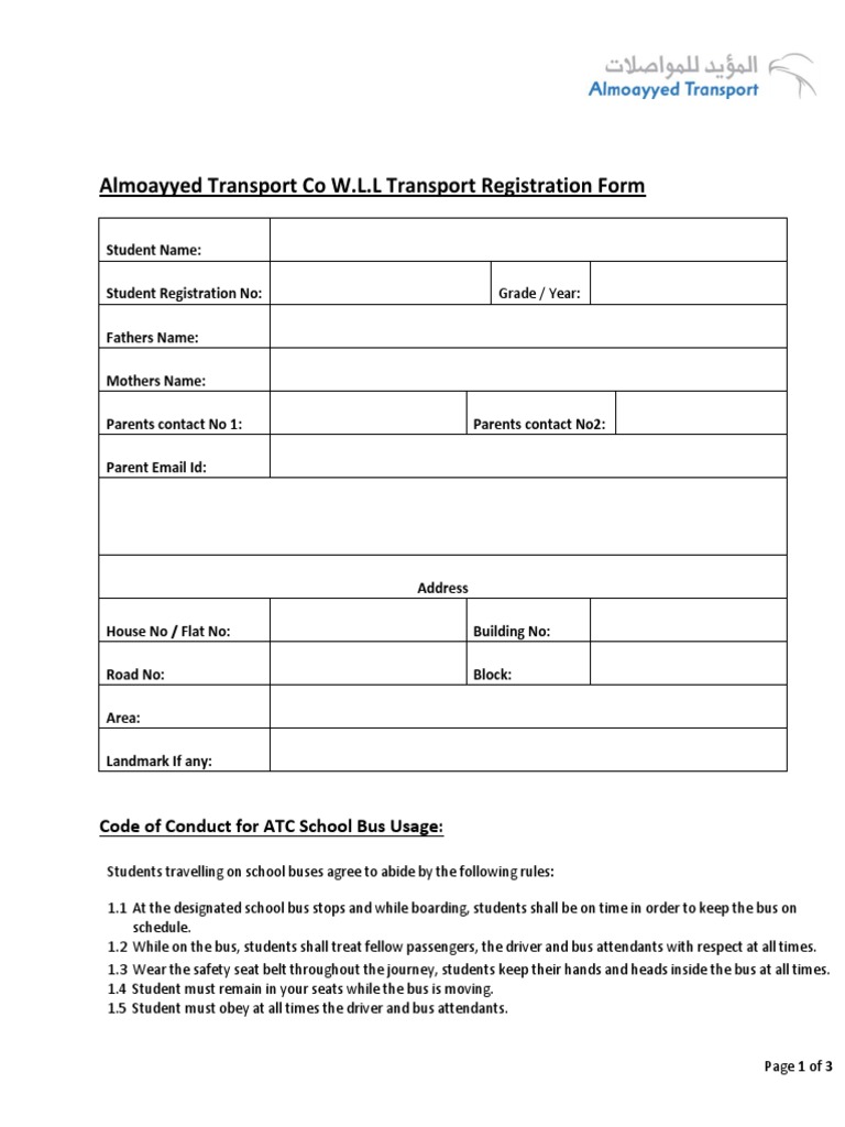 ATC Student Transportation Registration Form | PDF | Bus | School Bus