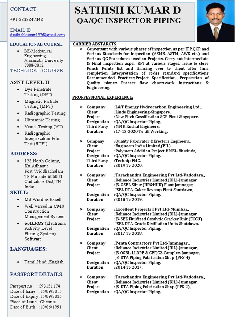 QA/QC Piping Inspector Resume | PDF | Pipe (Fluid Conveyance) | Valve