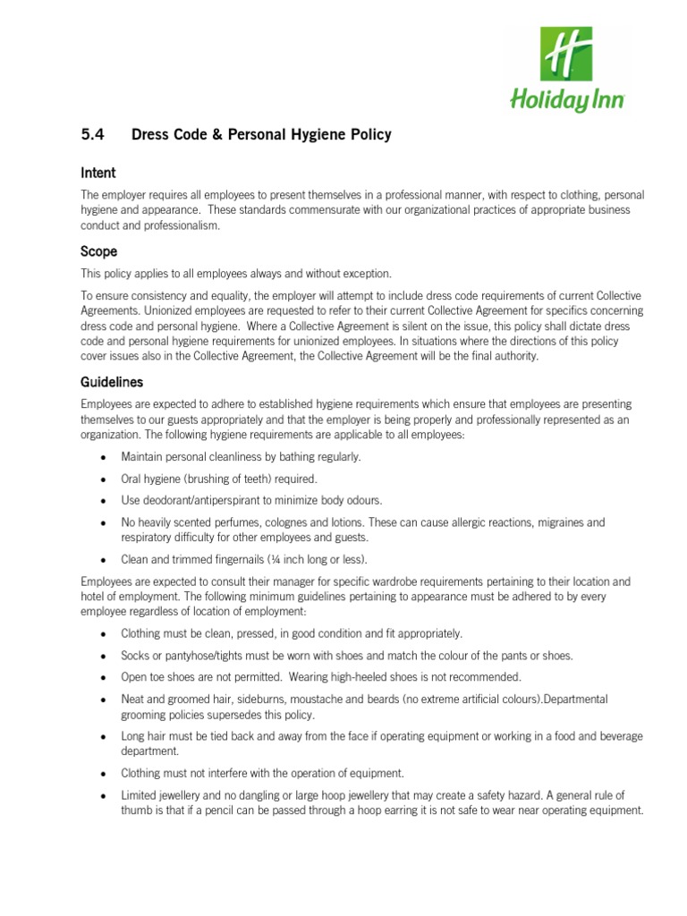 Holiday Inn Dress Code Policy | PDF | Hygiene | Clothing