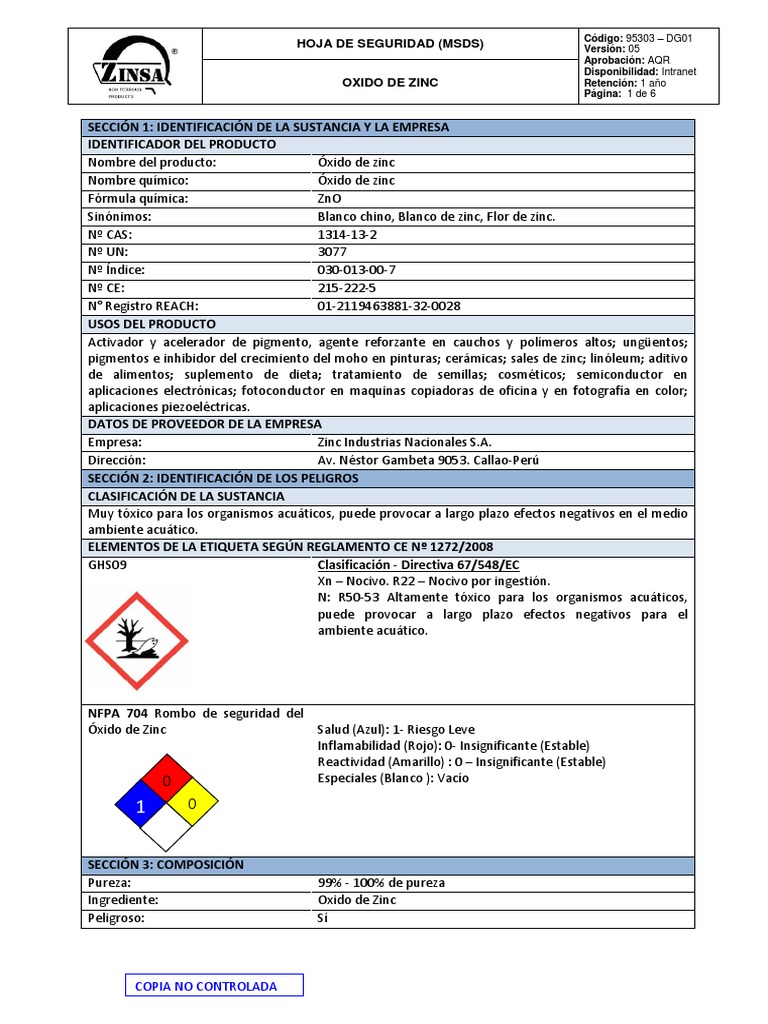 95303-DG01 MSDS Oxido de Zinc v5 | PDF | Óxido de zinc | Agua