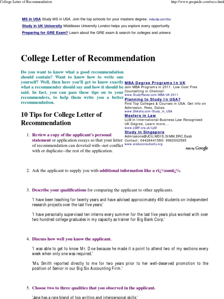 College Letter of Recommendation | Download Free PDF | Graduate Record ...