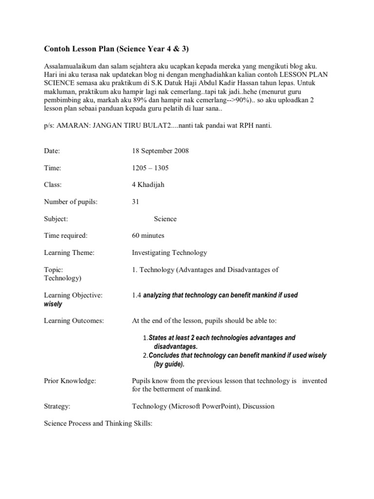 Contoh Lesson Plan | Lesson Plan | Science