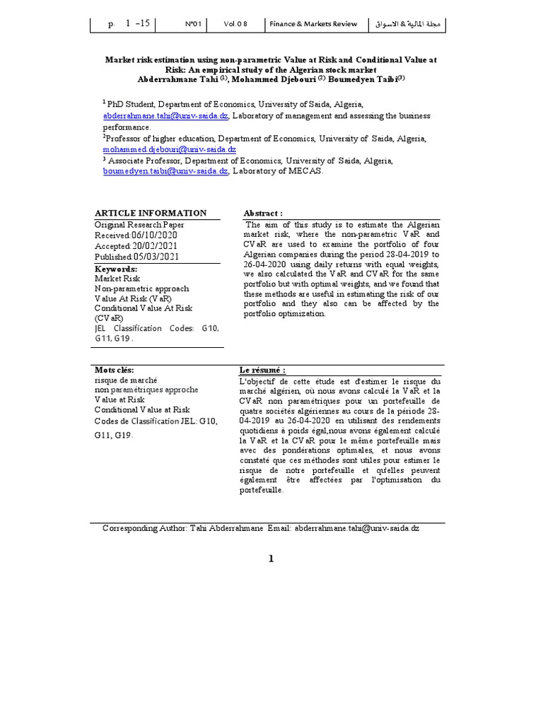 Market Risk Estimation Using Non-Parametric Value at Risk and Conditional Value at Risk An ...
