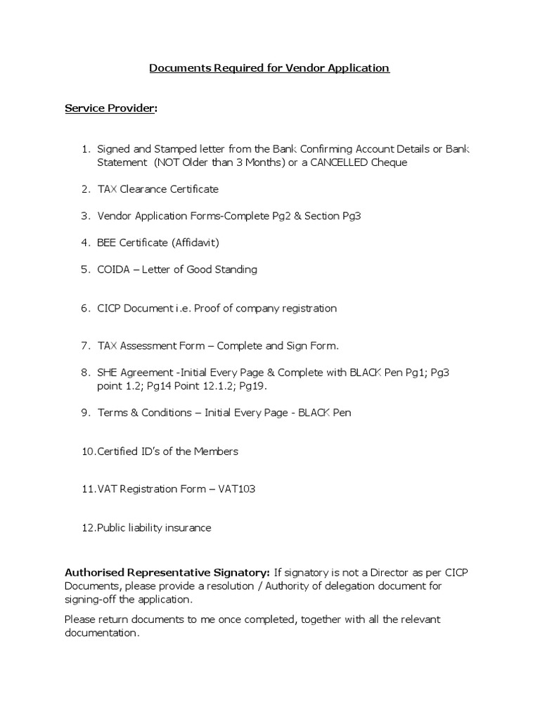 Documents Required For Vendor Application | PDF