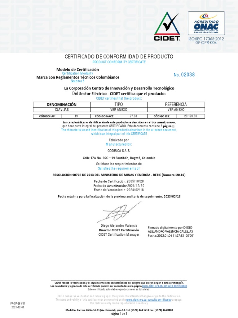 Nuevo Certificado Cidet | PDF | Corriente eléctrica | El plastico