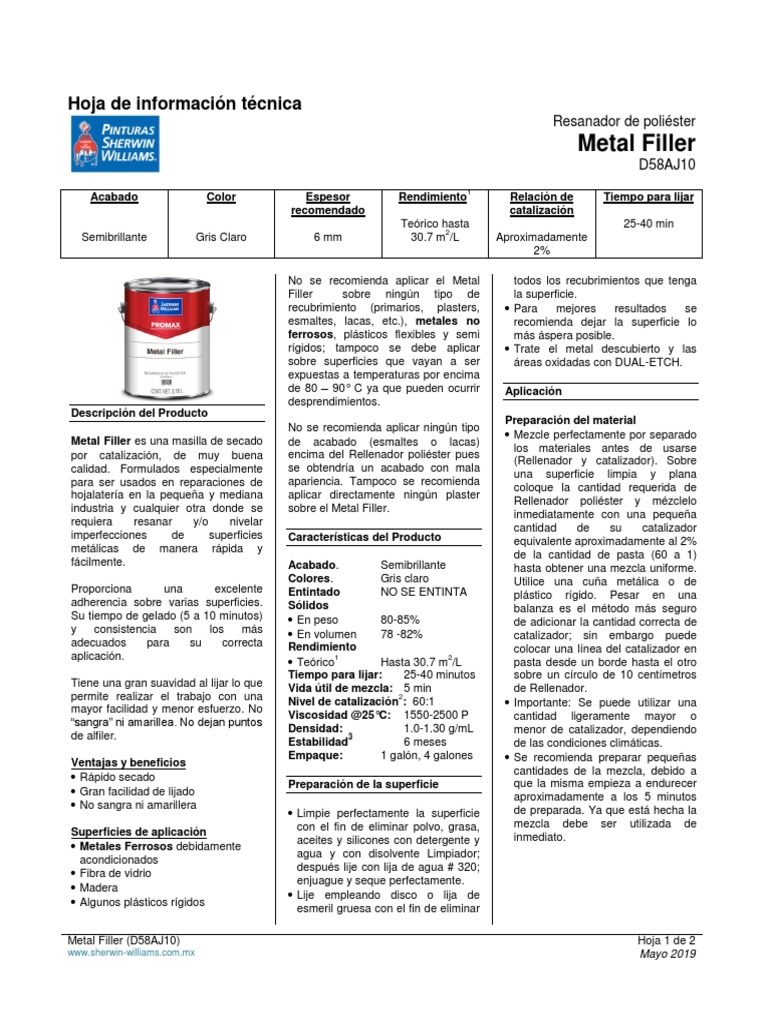 Ficha Técnica de Metal Filler D58AJ10 | PDF | Rieles | El plastico