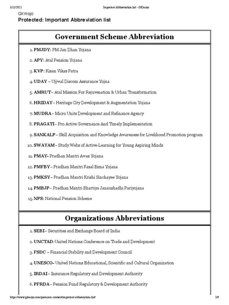 A Comprehensive List of Important Abbreviations from Government Schemes ...