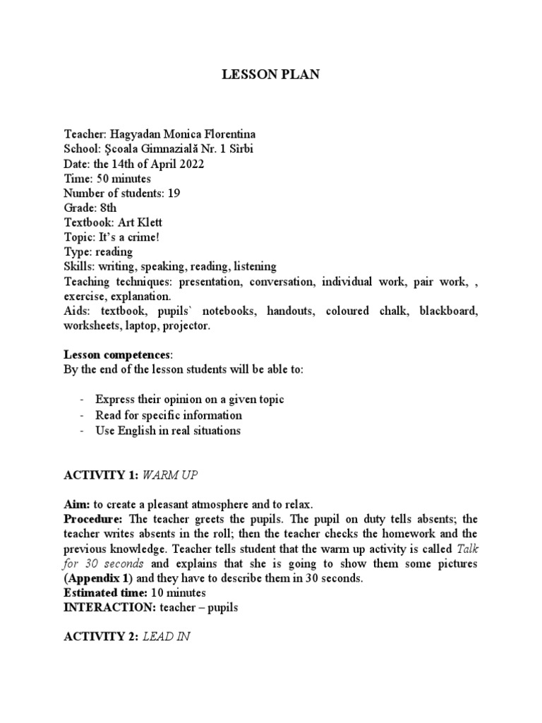 Lesson Plan 8th Grade | PDF | Teachers | Lesson Plan