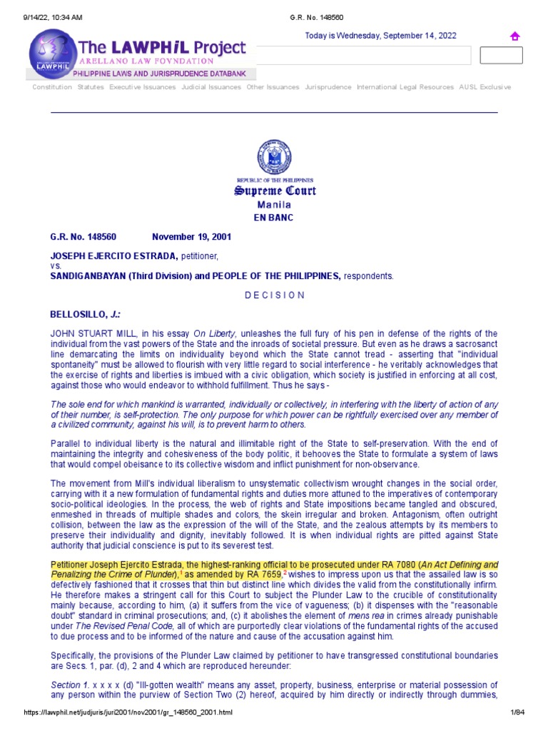 Estrada v. Sandiganbayan, GR No. 148560 | PDF | Overbreadth Doctrine ...