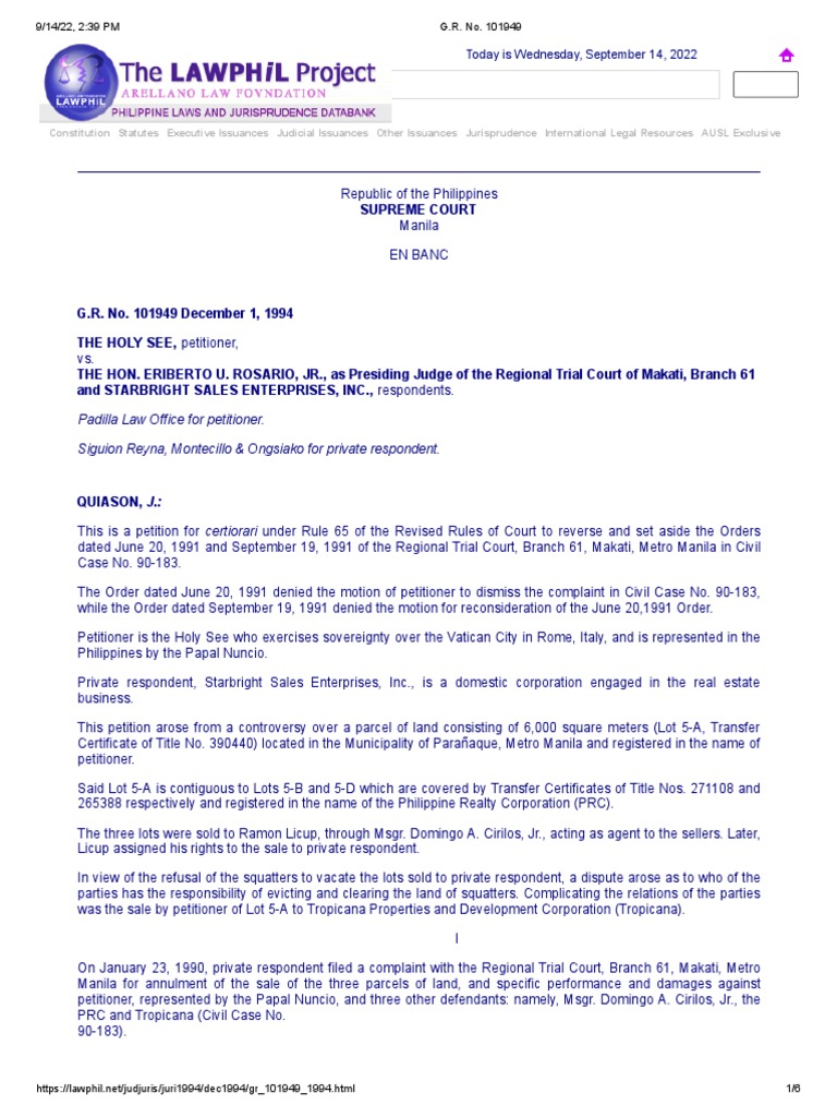 Holy See vs. Starbright Sales Enterprises | PDF | Holy See | Lawsuit