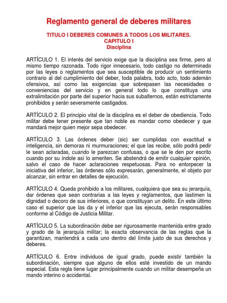 Reglamento General de Deberes Militares: Titulo I Deberes Comunes A Todos Los Militares ...