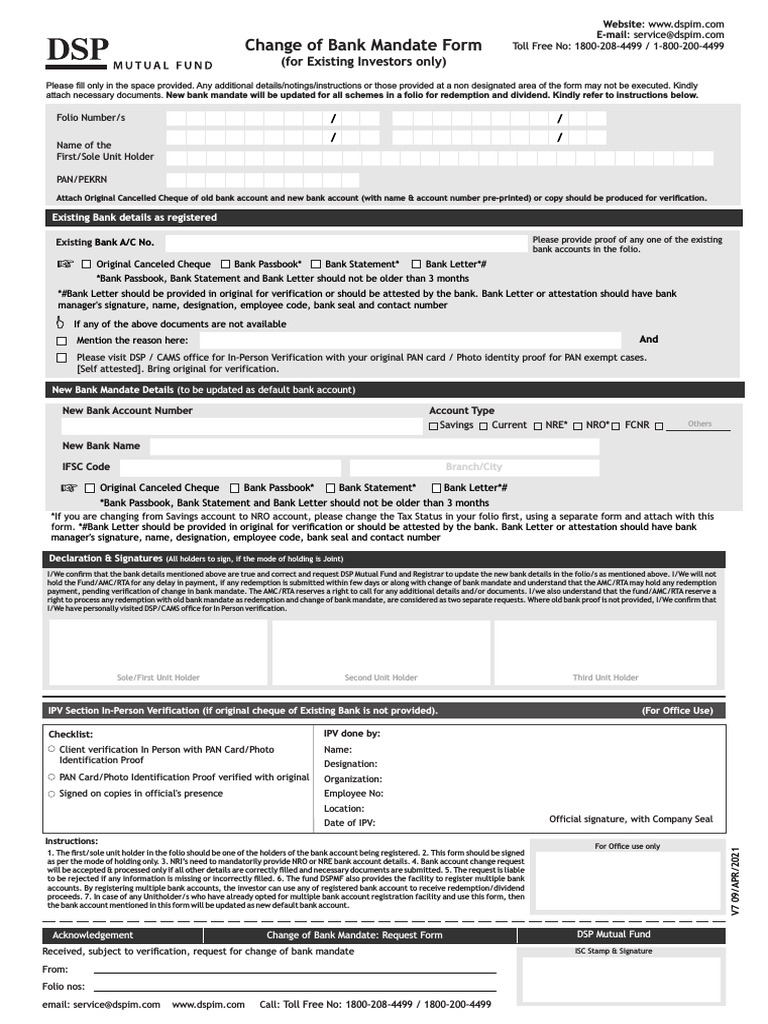 Bank Mandate Change Form for Investors | PDF | Cheque | Passbook
